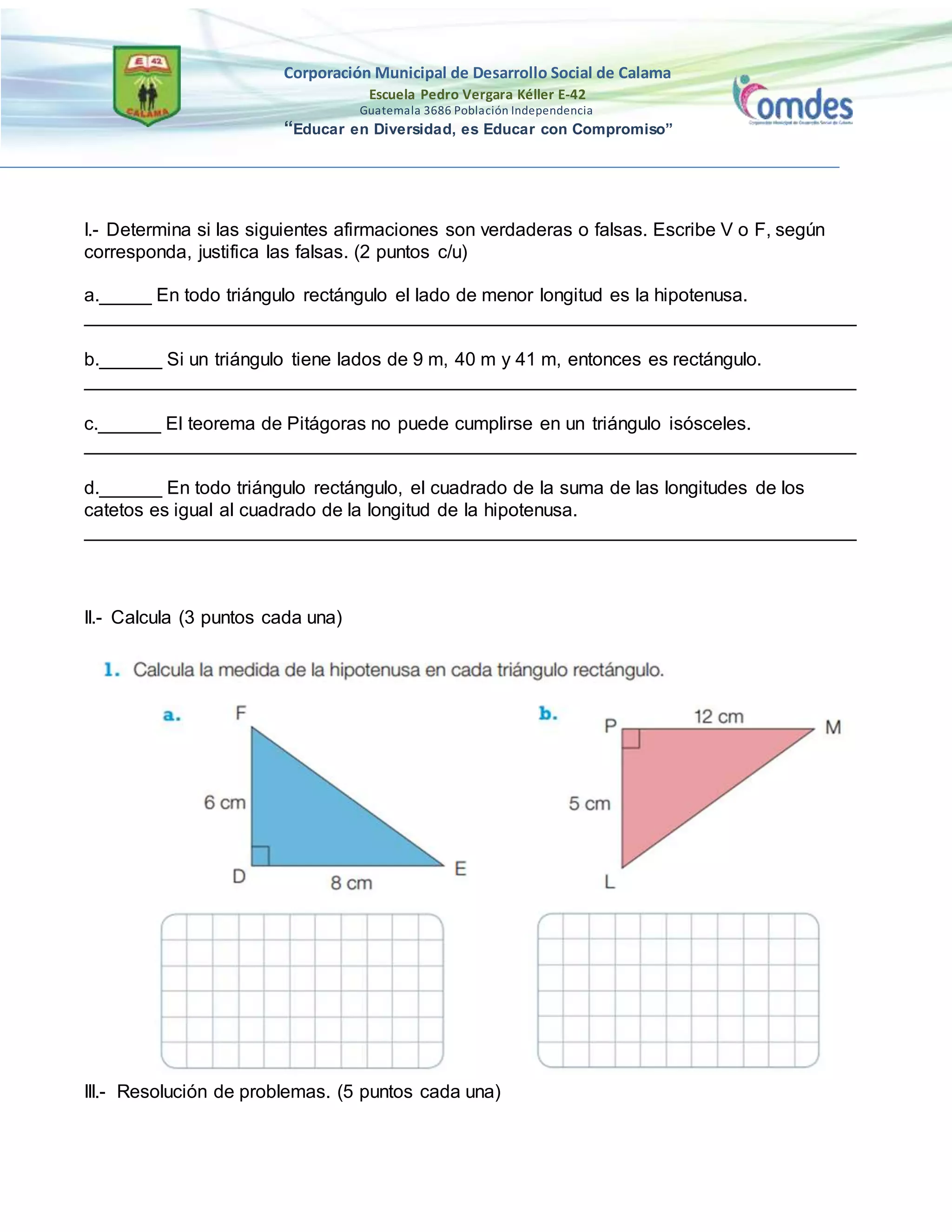 Evaluacion teorema de pitagoras 8 basico 2019 | DOCX