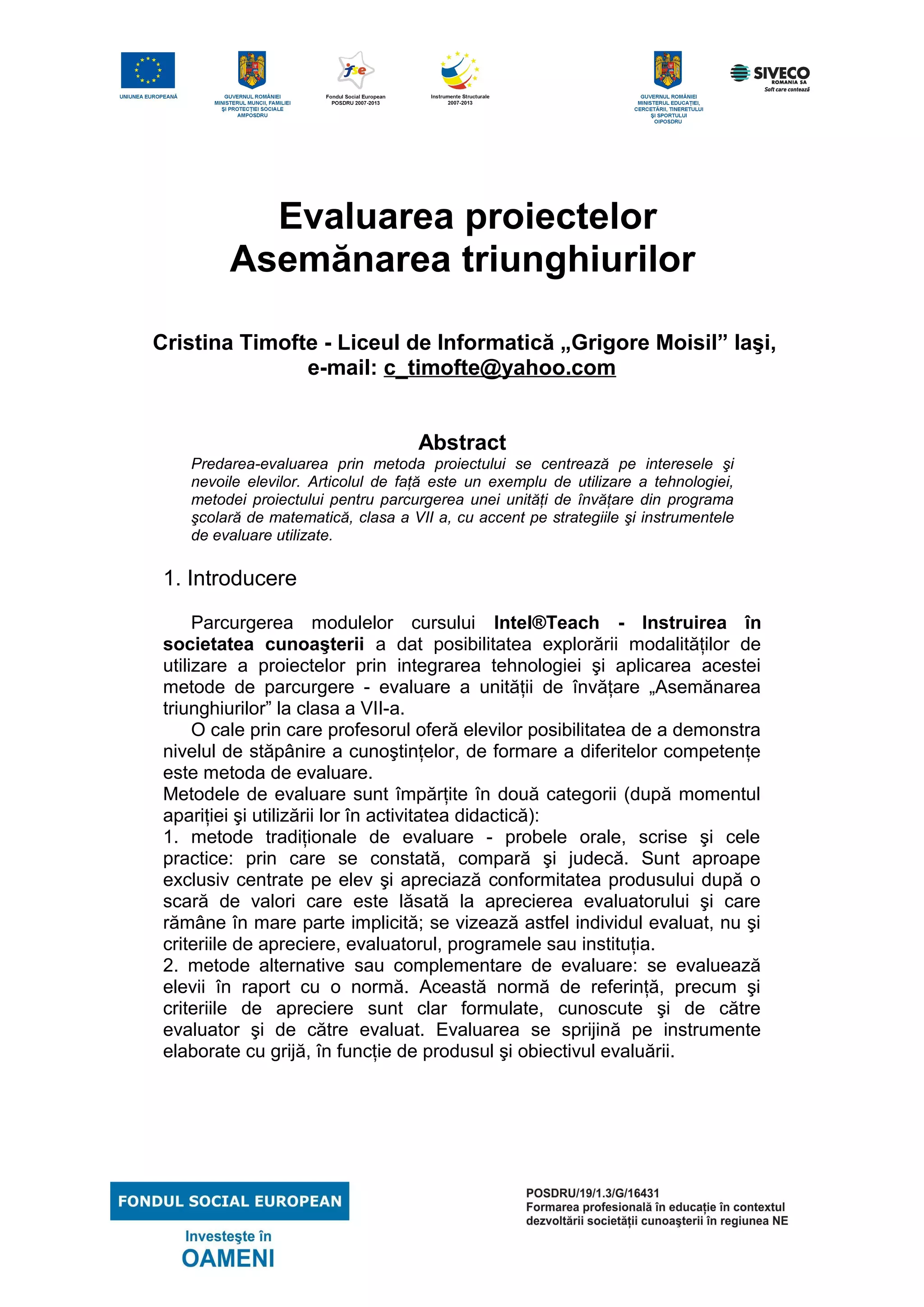 Evaluarea proiectelor 2 | DOC