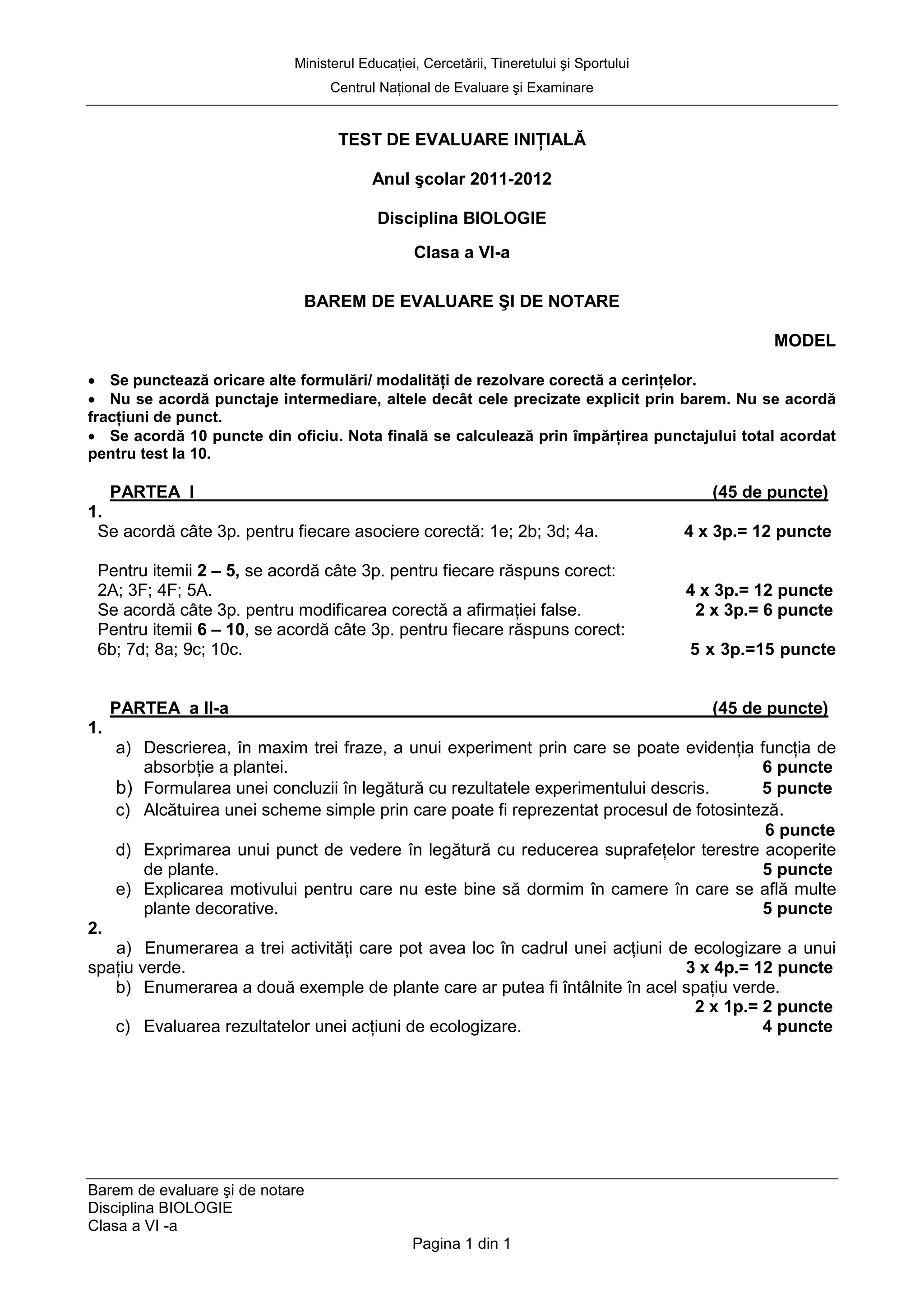 Evaluare initiala biologie_cls06_model_barem | PDF