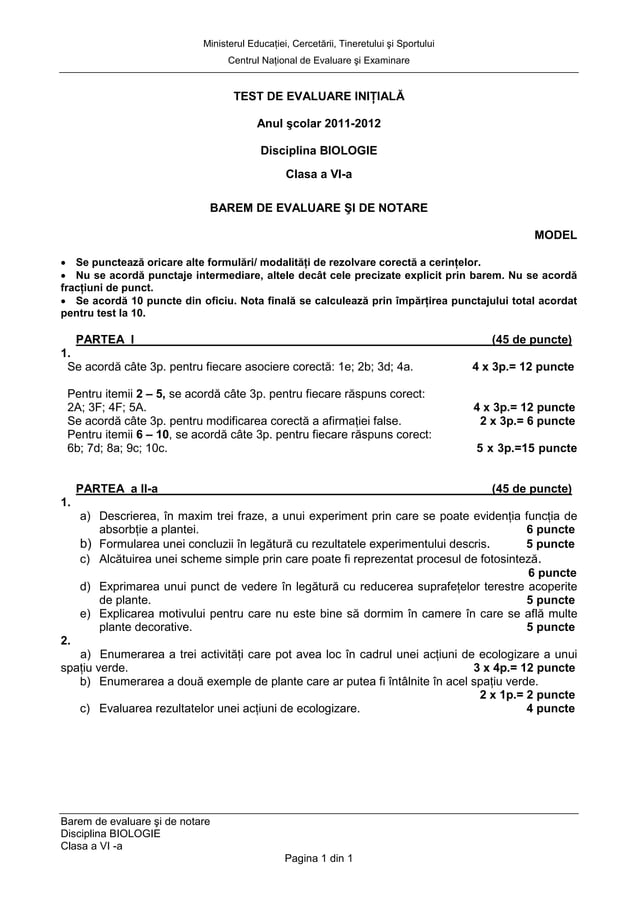 Evaluare initiala biologie_cls06_model_barem | PDF