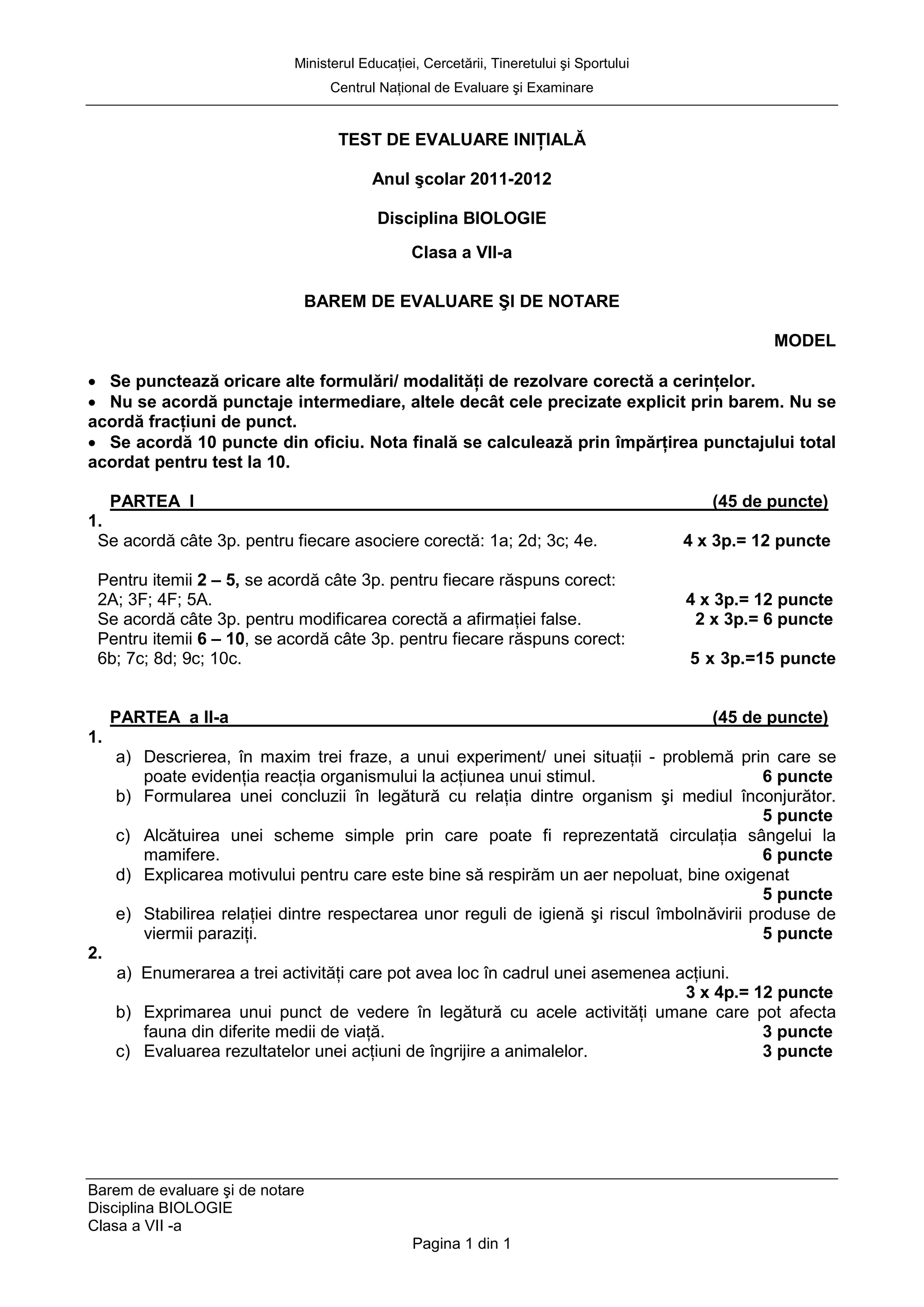 Evaluare initiala biologie_cls07_model_barem | PDF