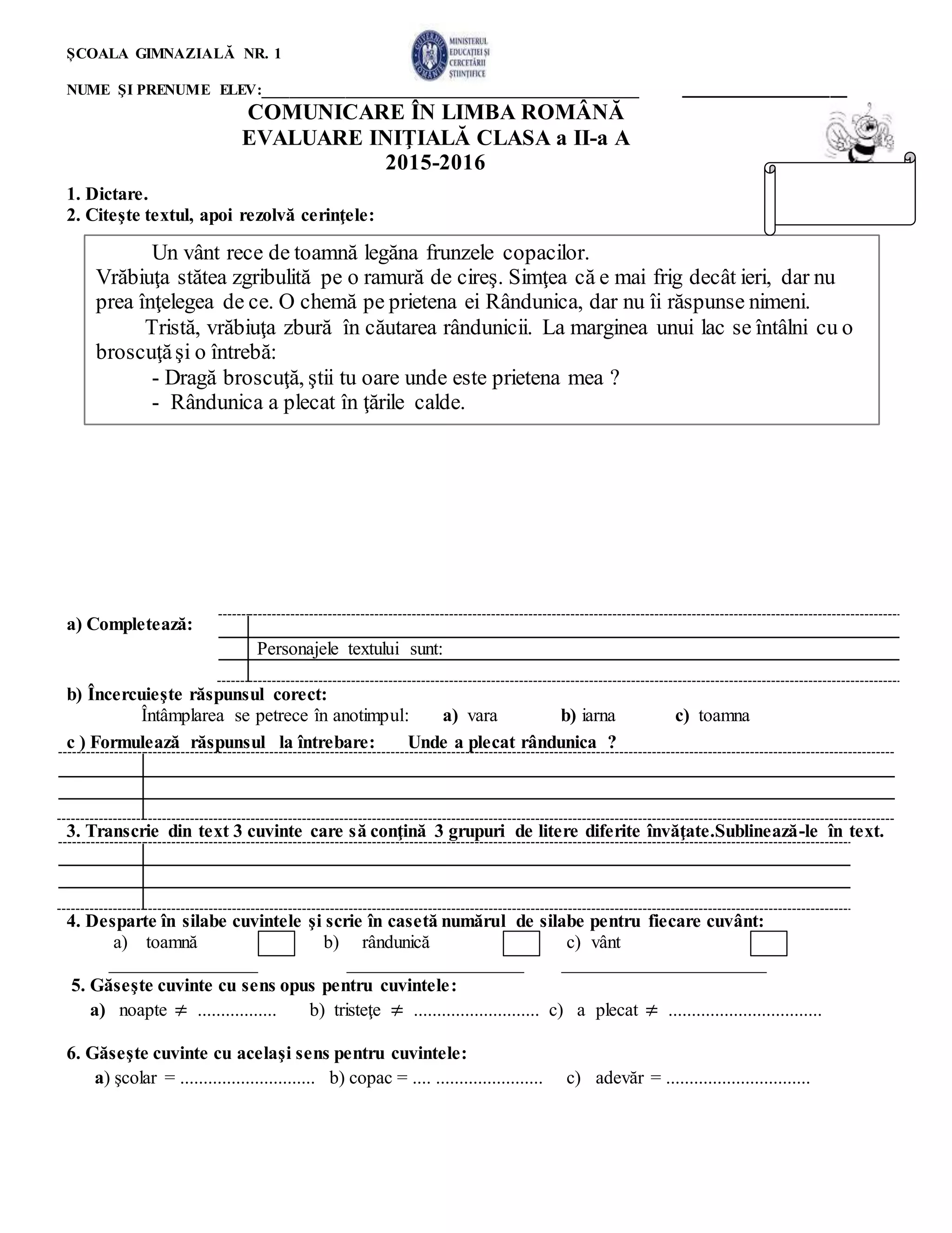 Evaluare initiala clr 2 2015 | PDF