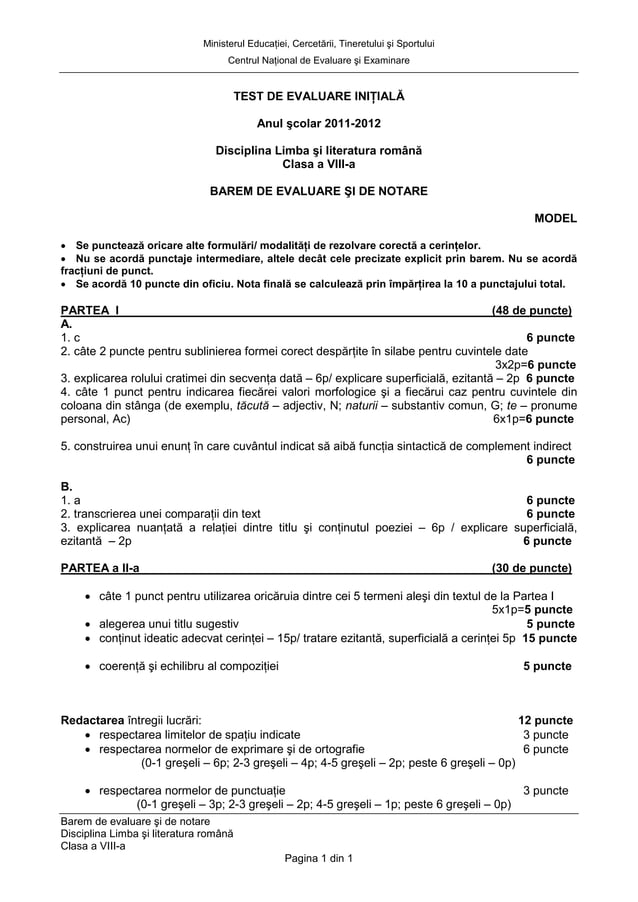 Evaluare initiala lb_romana_cls_8_bar | PDF