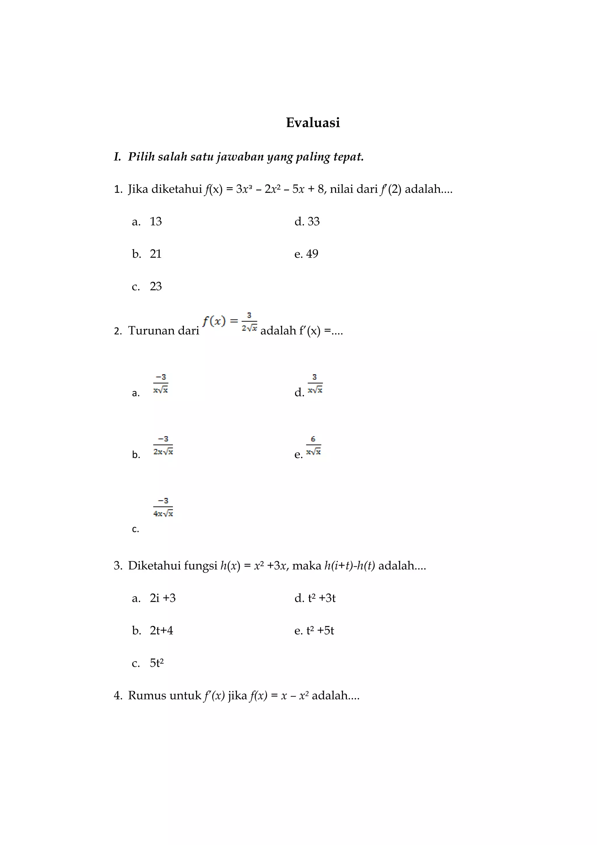 Soal Evaluasi fungsi Turunan | PDF