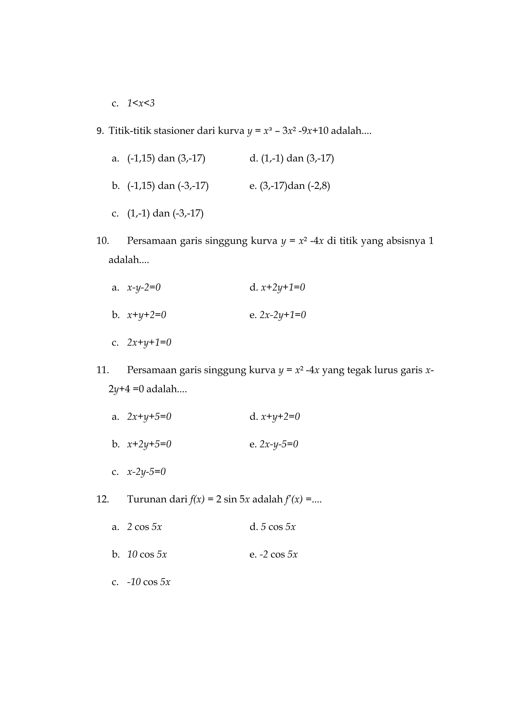 Soal Evaluasi fungsi Turunan | PDF