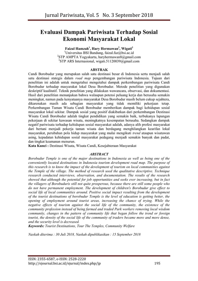 Evaluasi dampak pariwisata terhadap sosial ekonomi masyarakat lokal | PDF