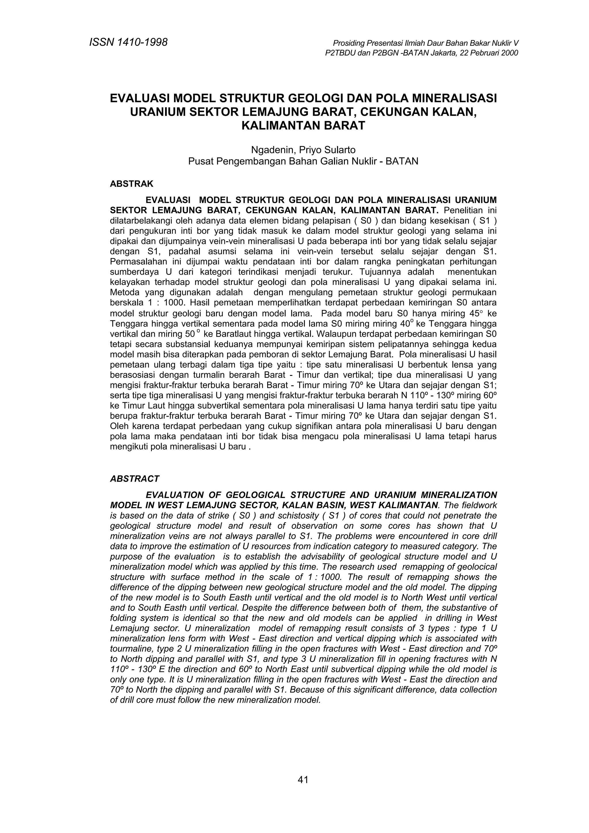 Evaluasi model struktur geologi dan pola mineralisasi uranium sektor ...