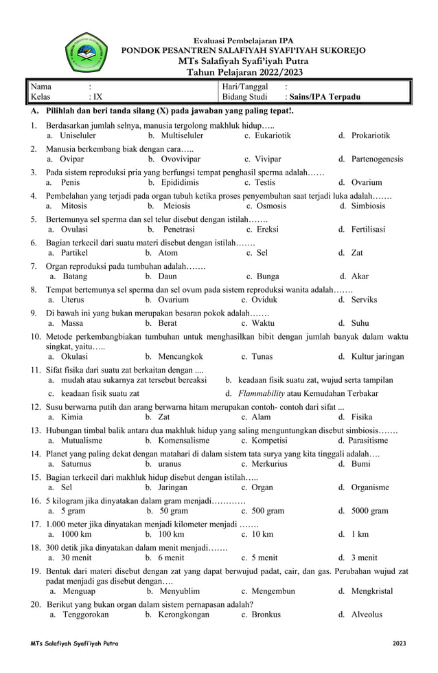 Evaluasi Pembelajaran IPA Kelas 9 MTs Salafiyah Syafi'iyah Pa 2023 | PDF