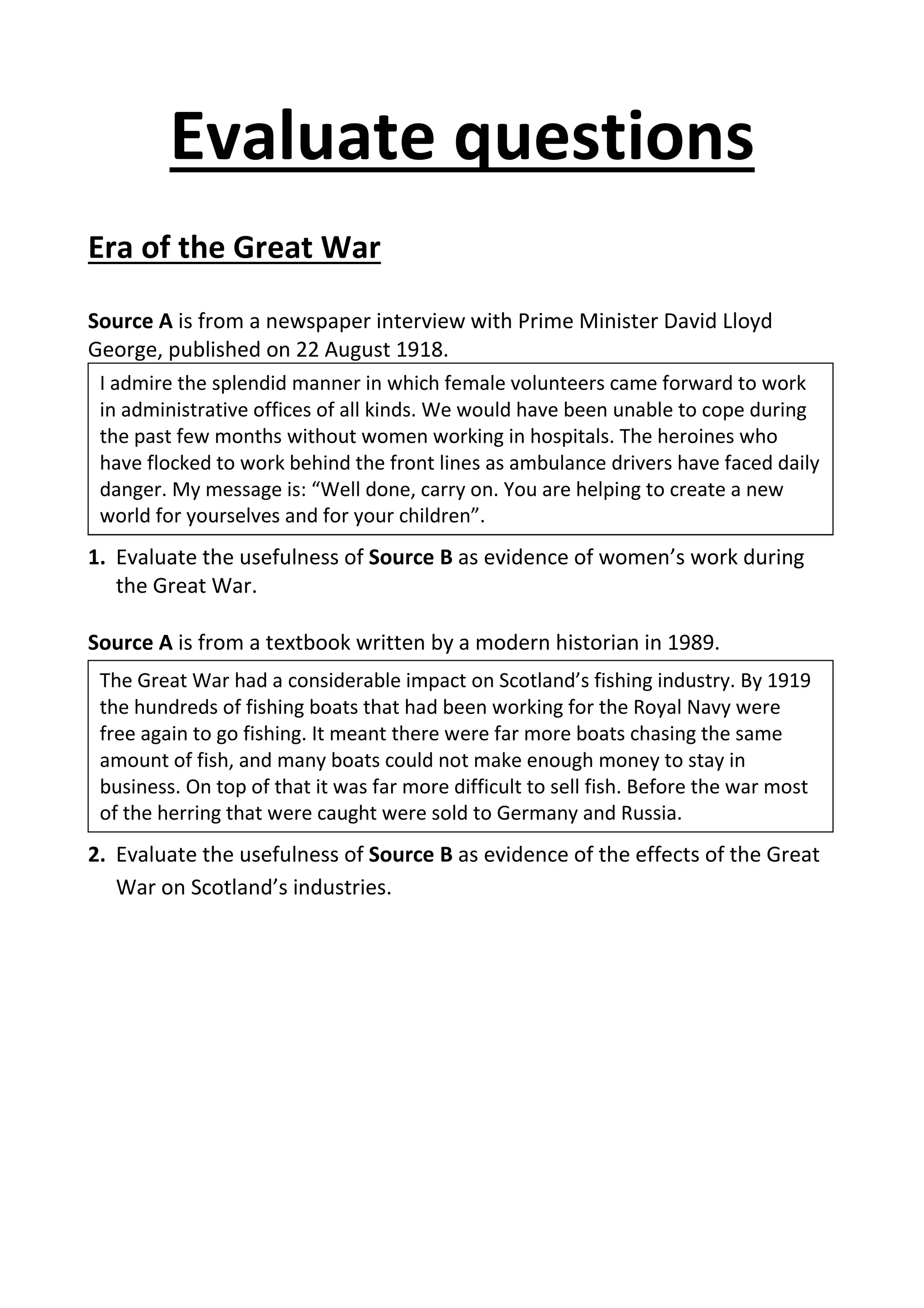 Example National 5 History questions - Evaluate the usefulness | PDF