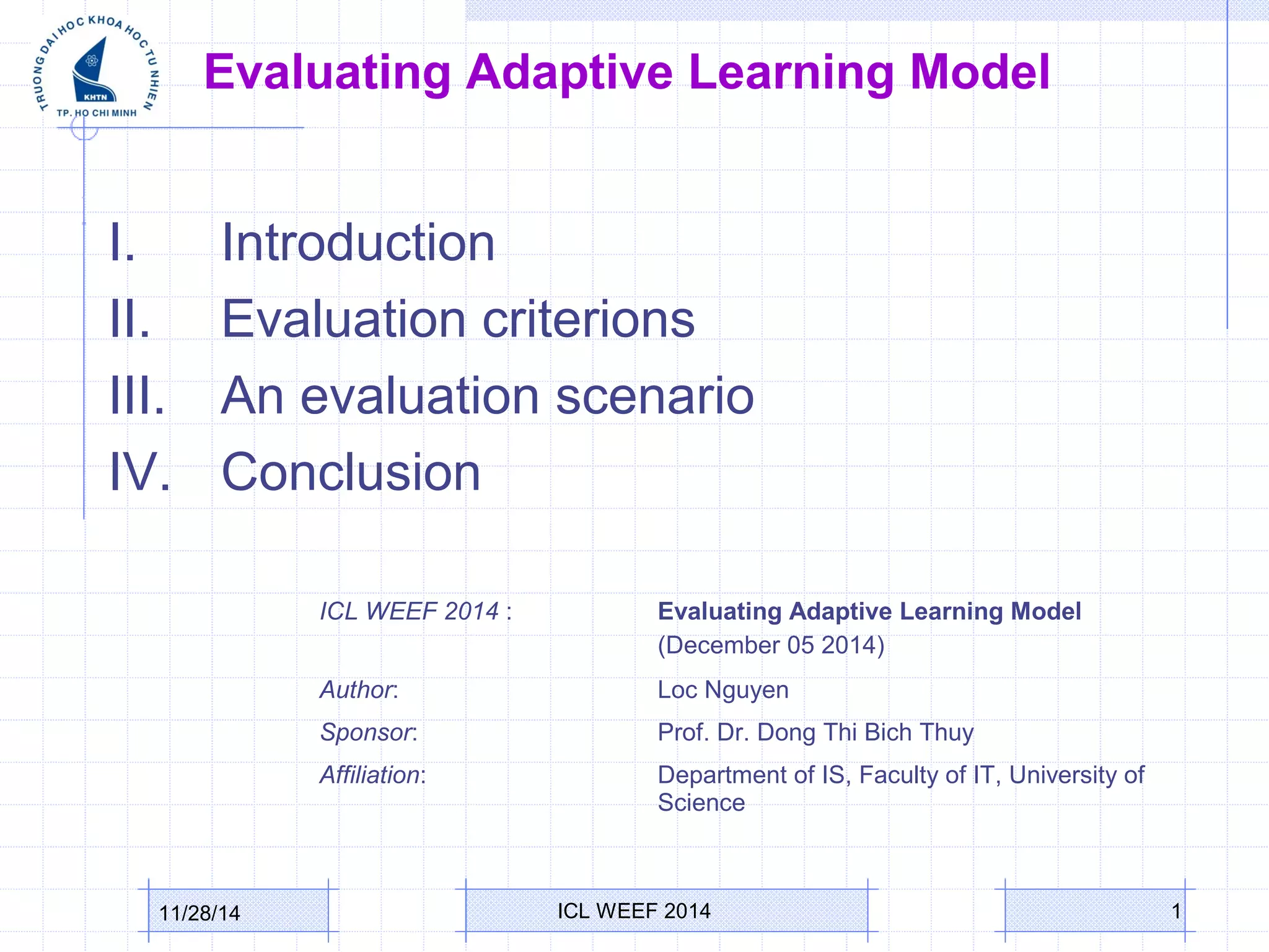 Evaluate adaptive learning model at ICL December 05 2014 | PPT | Education
