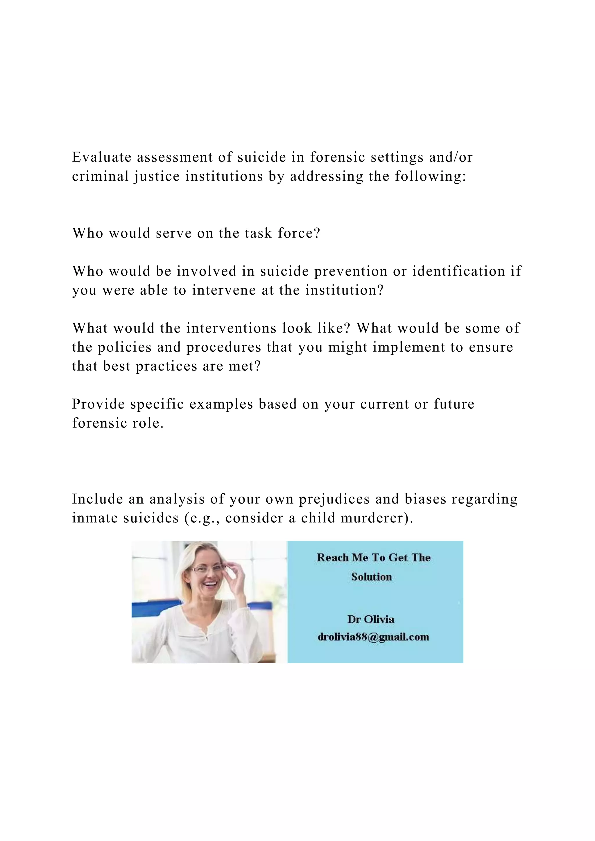 Evaluate assessment of suicide in forensic settings andor cri.docx