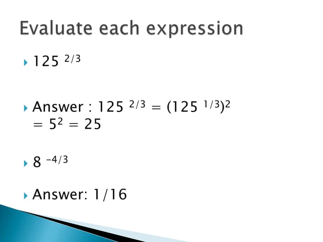 Evaluate nth roots and use rational exponents | PPT