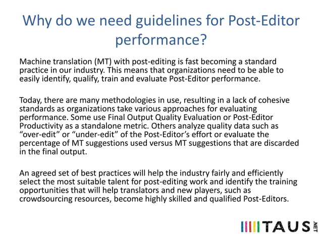 TAUS Evaluating Post-Editor Performance Guidelines | PPT