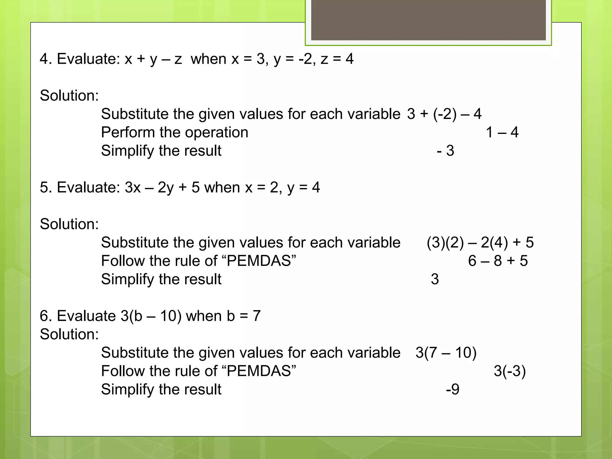 Evaluating algebraic expression | PPT