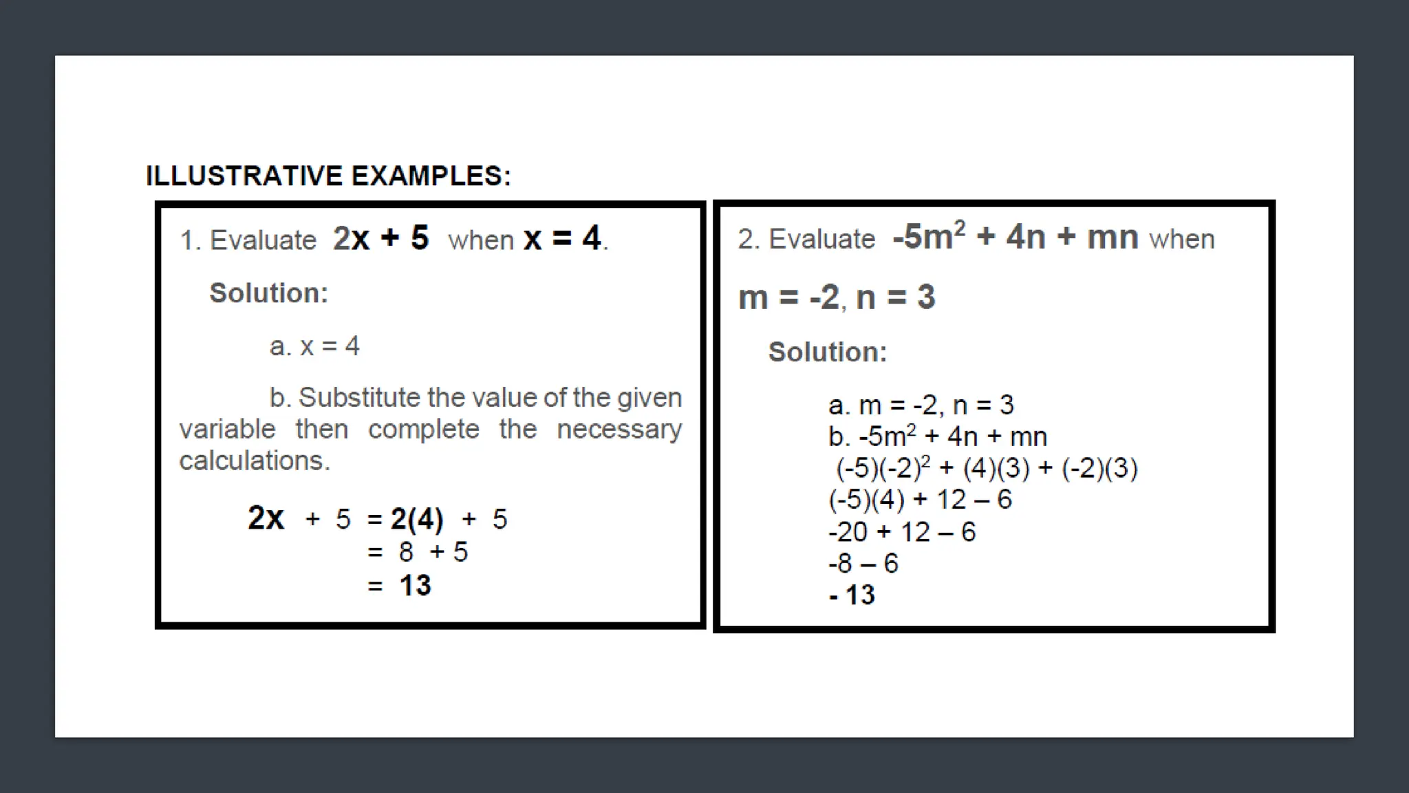 Evaluating Algebraic Expressions in math | PPT