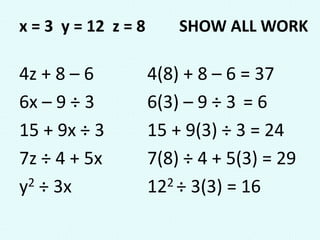Evaluating algebraic expressions with substitution (answers) | PPTX