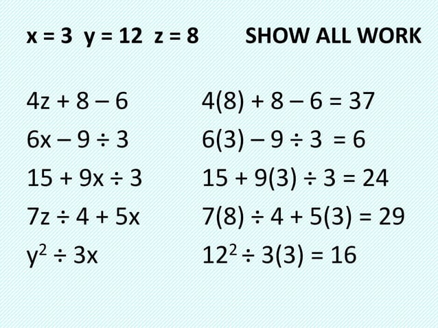 Evaluating algebraic expressions with substitution (answers) | PPTX ...
