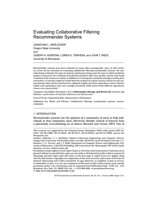 Evaluating Collaborative Filtering Recommender Systems Pdf