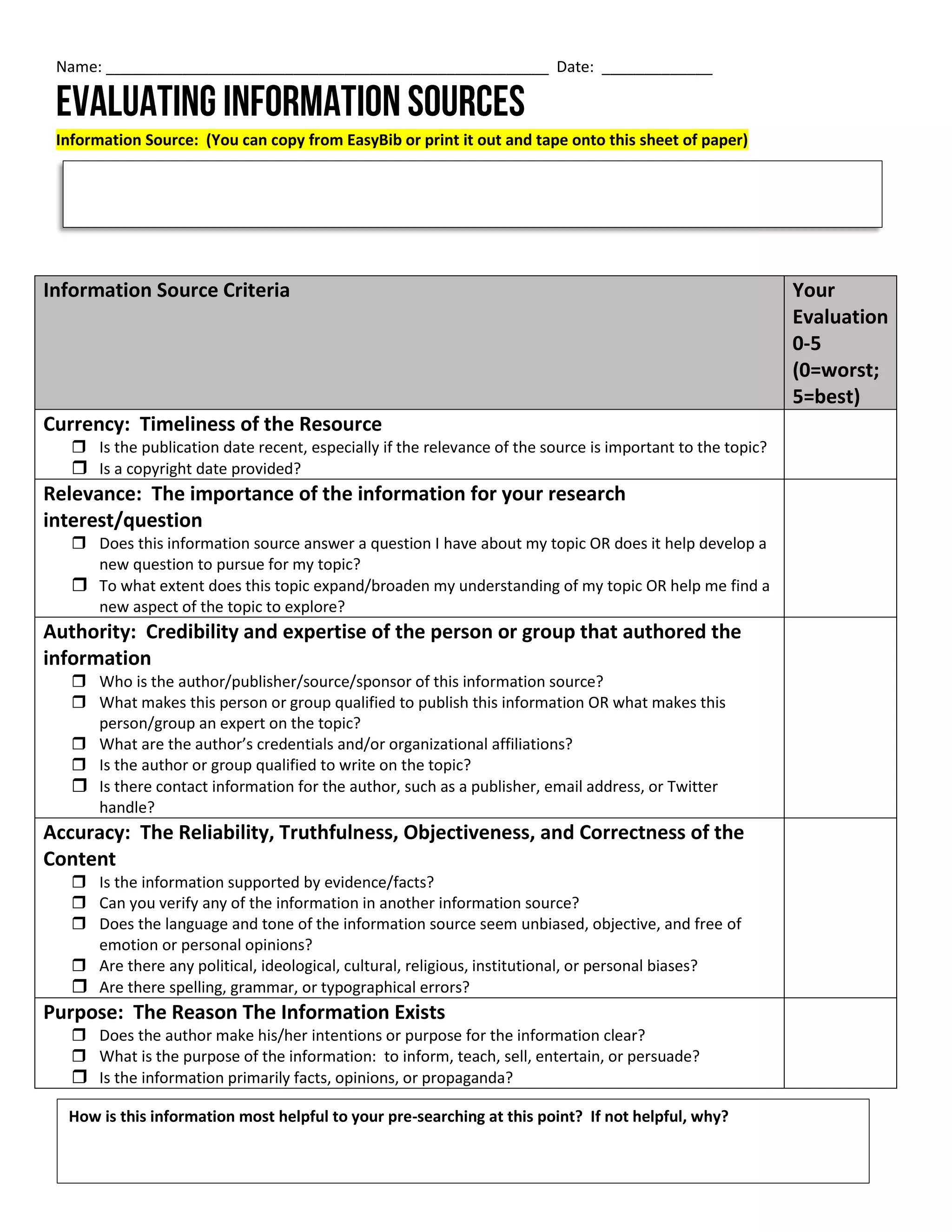 Evaluating information sources graphic organizer checklist fall 2014 ...