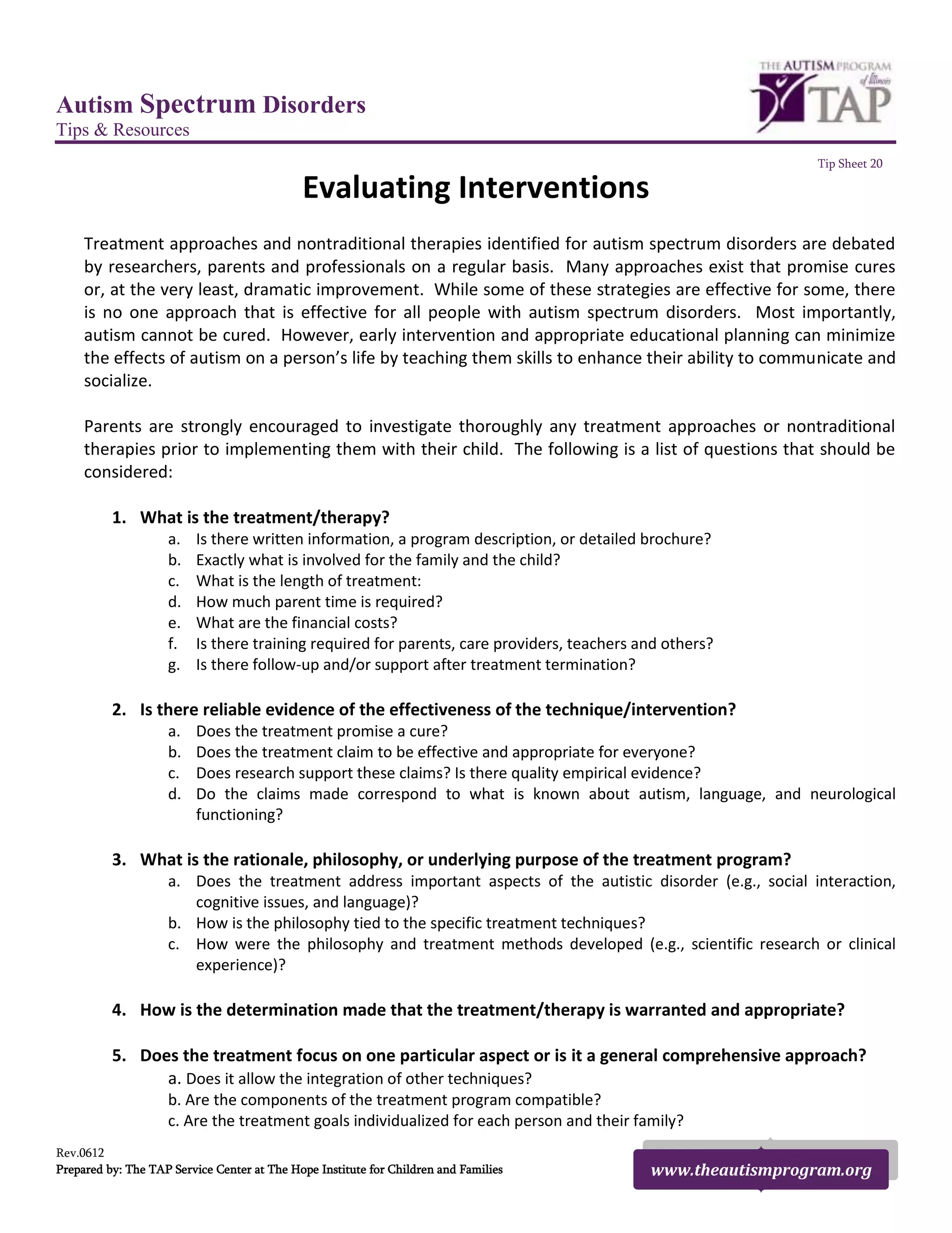 TAP Tip Sheet - Evaluating Autism Interventions | PDF