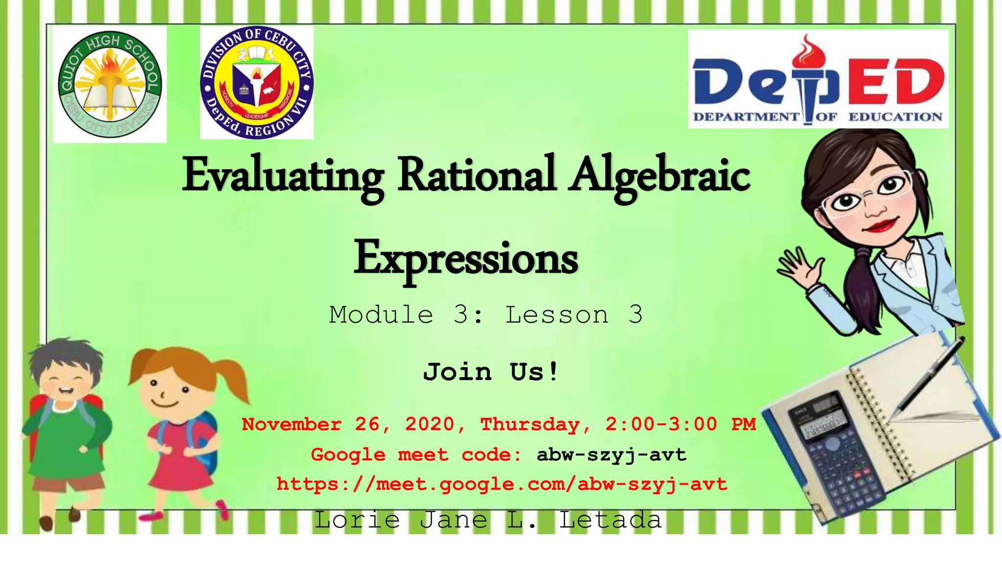 Evaluating Rational Algebraic Expressions 200827042221 (1) | PPTX | Science