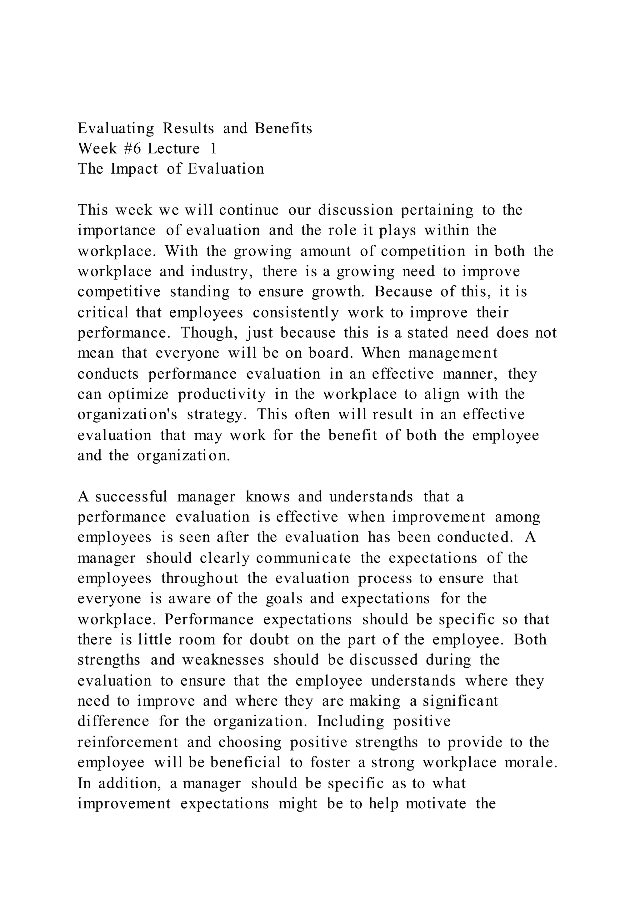 Evaluating Results and Benefits Week #6 Lecture 1The Impact of | DOCX