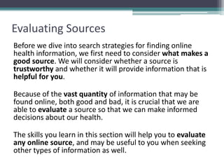 Evaluating Sources of Online Health Information | PPT