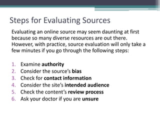 Evaluating Sources of Online Health Information | PPT