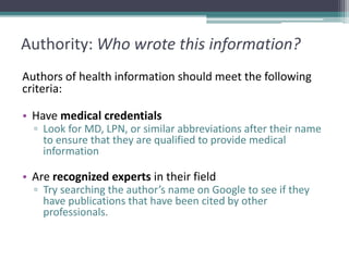 Evaluating Sources of Online Health Information | PPT