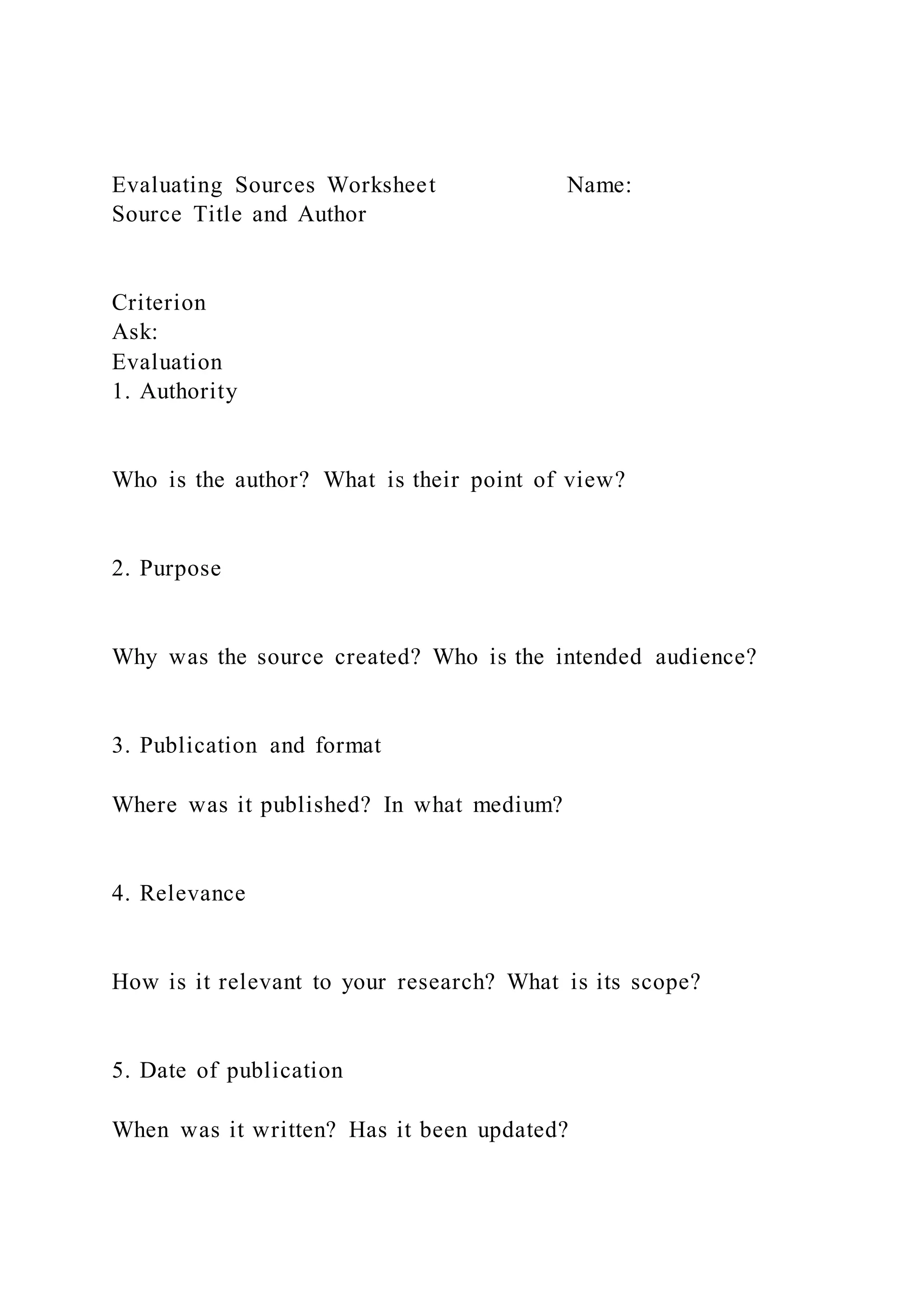 Evaluating Sources Worksheet NameSource Title a | DOCX