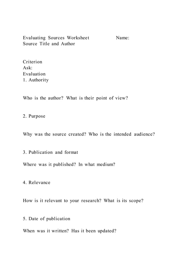 Evaluating Sources Worksheet NameSource Title a | DOCX