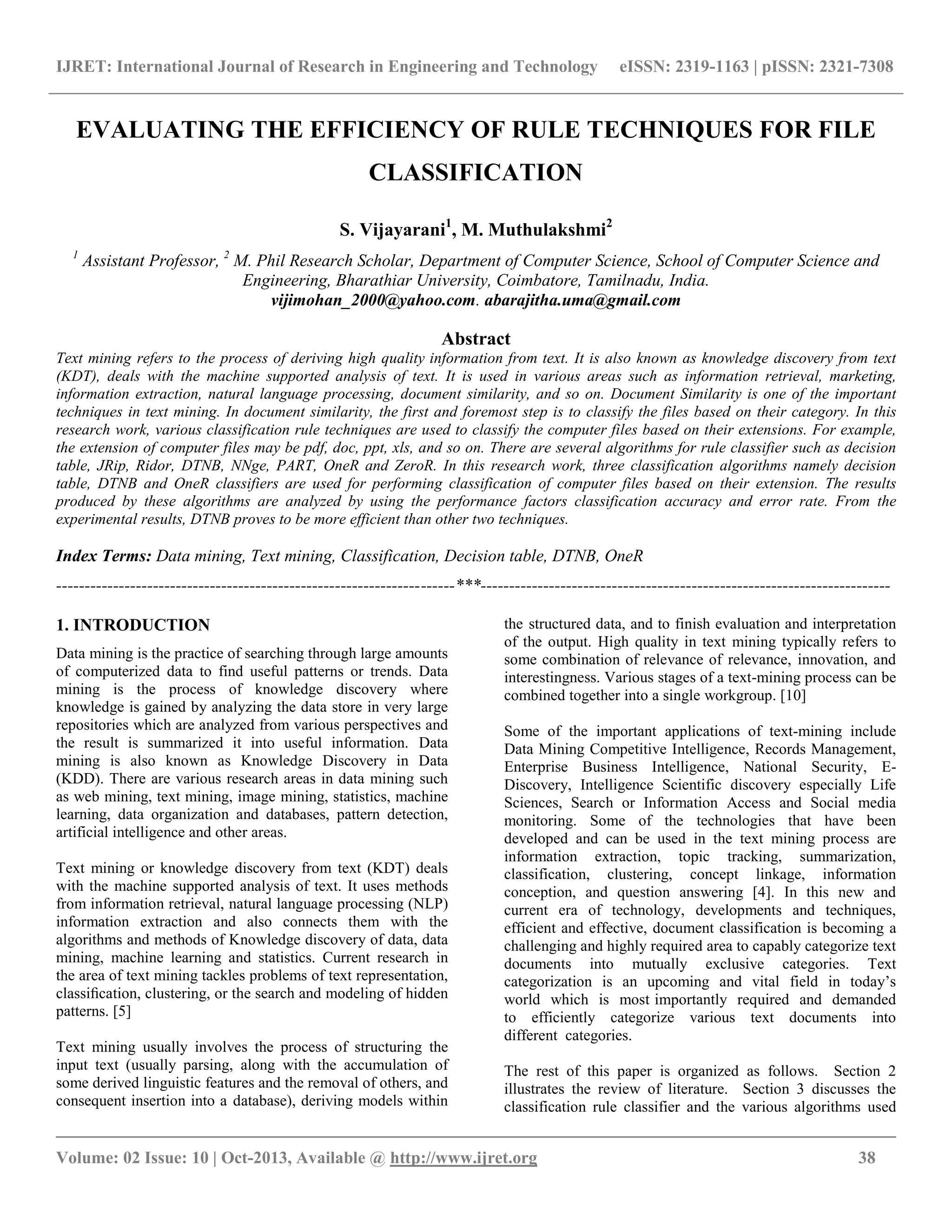 Evaluating the efficiency of rule techniques for file classification | PDF