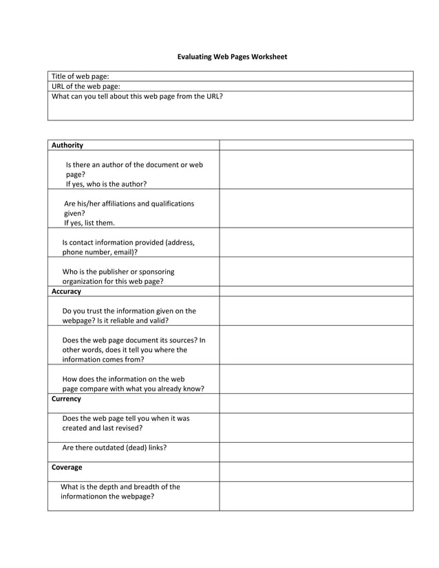 Evaluating Web Pages Worksheet | PDF