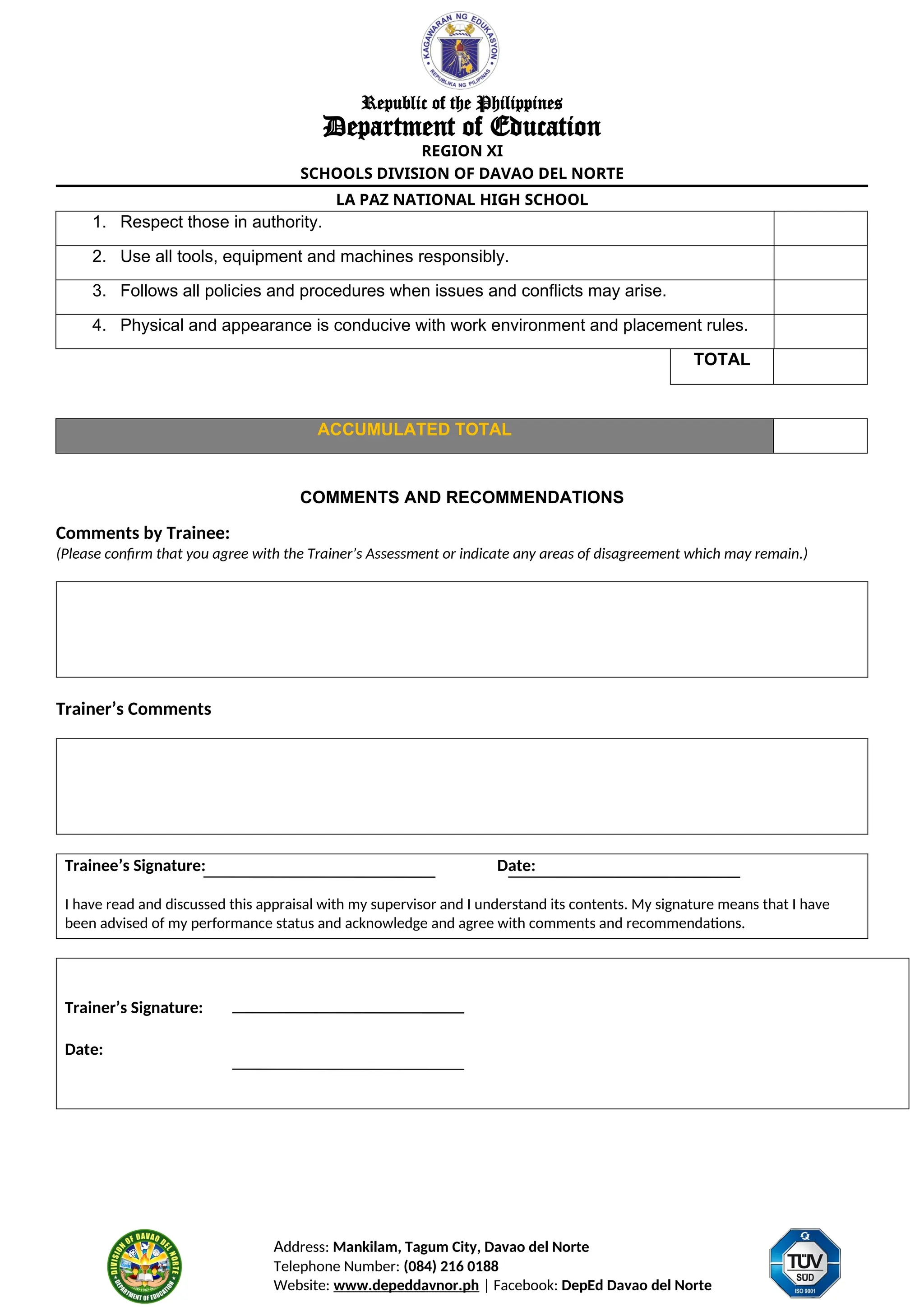 EVALUATION-RATING.docx form work immersion | DOCX