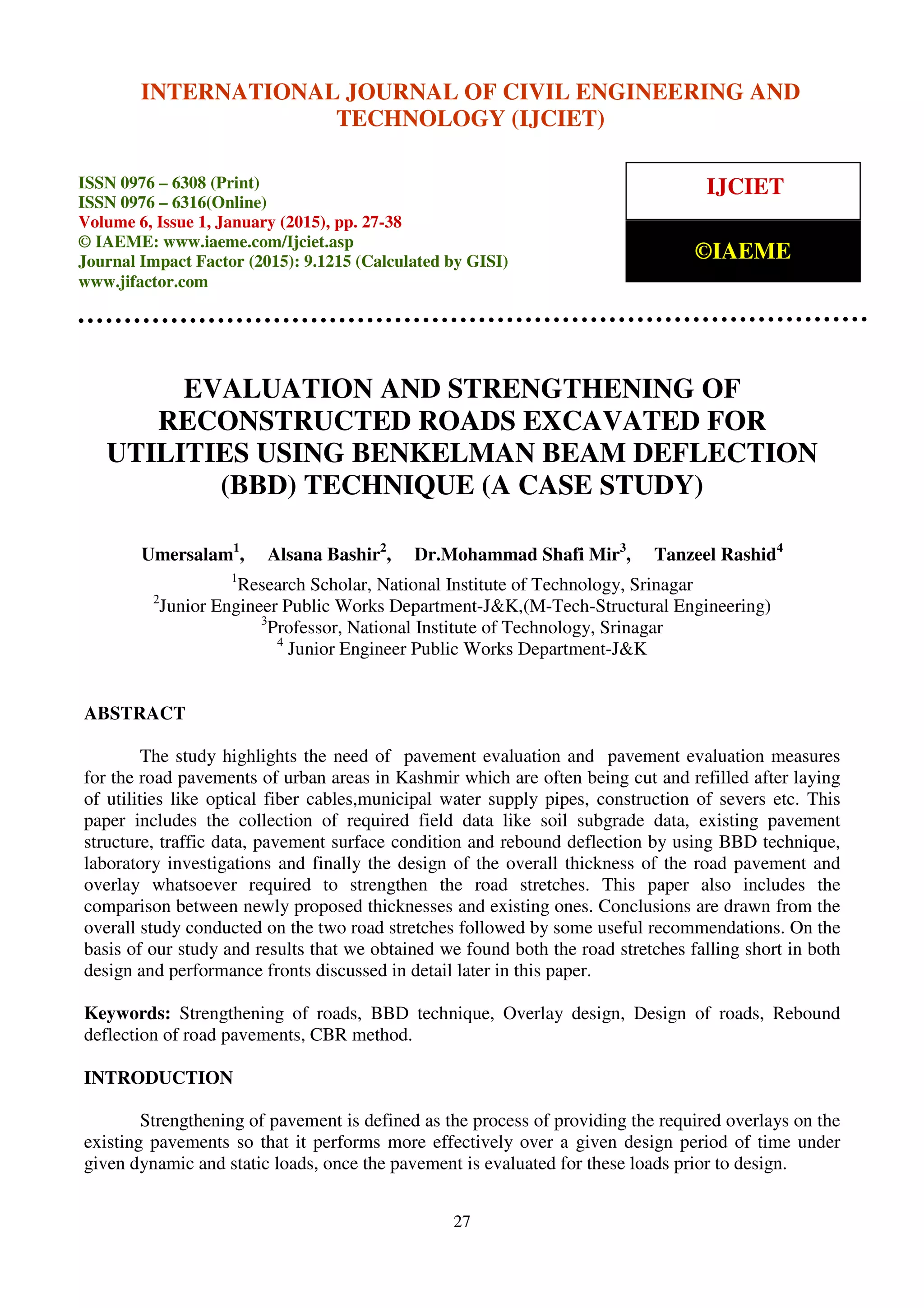 EVALUATION AND STRENGTHENING OF RECONSTRUCTED ROADS EXCAVATED FOR ...