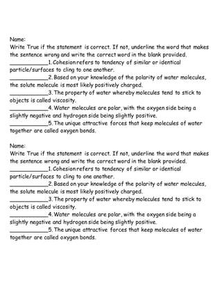 Properties of Water Evaluation (Polarity, Adhesion, Cohesion) | PDF