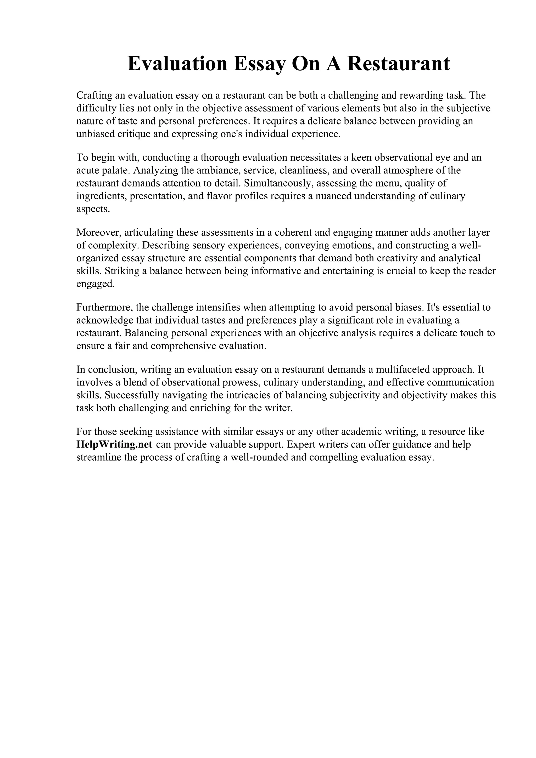 Evaluation Essay On A Restaurant | PDF