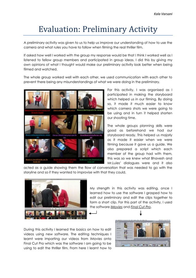 Evaluation preliminary - Kala Varsani | DOCX | Video Software | Computer Software and Applications