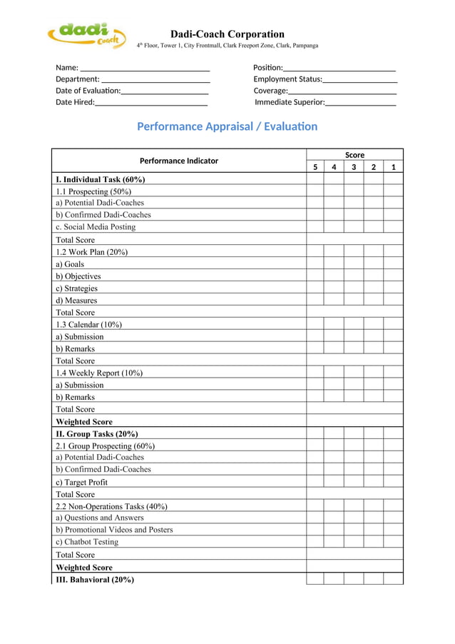 sample of evaluation forms for employees | PDF