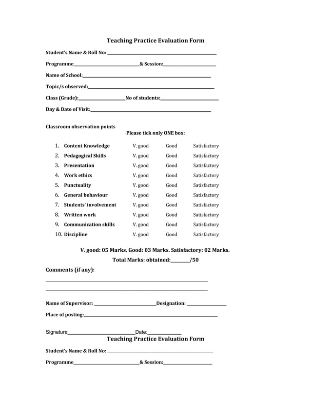 Evaluation form teaching practice | DOC