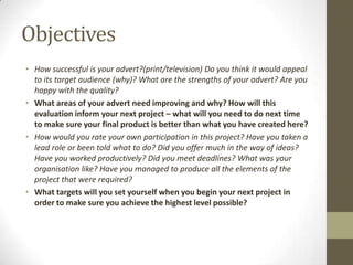 Evaluation for the entire advertisement project | PPTX