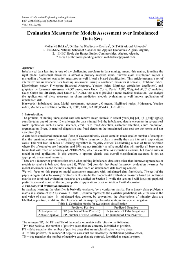 Evaluation measures for models assessment over imbalanced data sets | PDF
