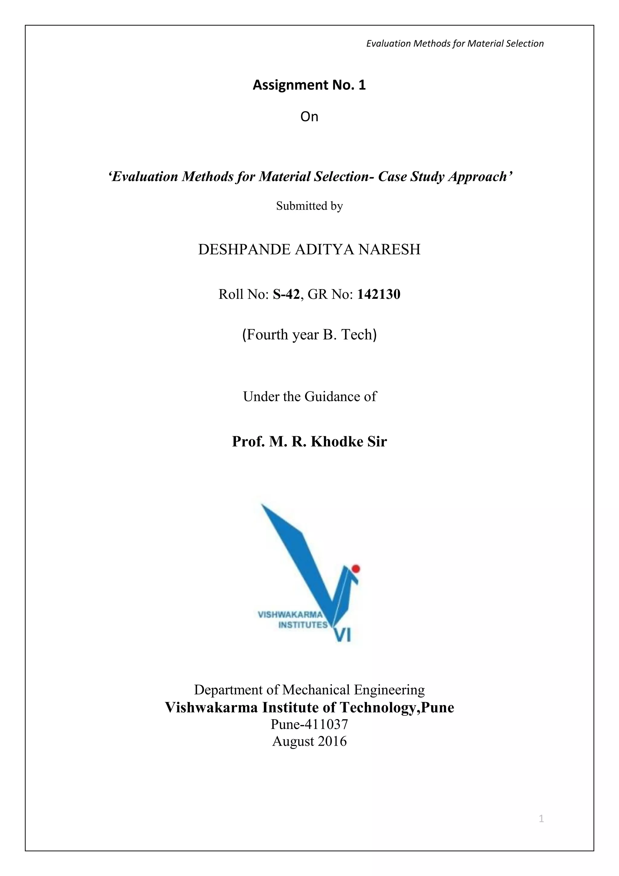 Evaluation Methods for Material Selection with Case Study | PDF