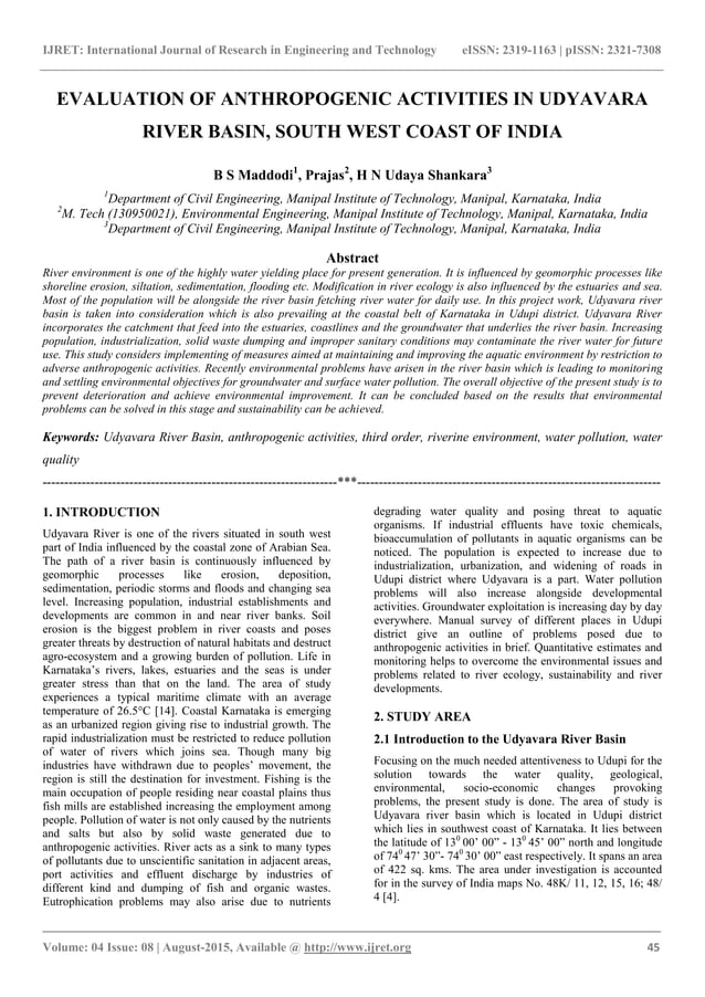 Evaluation of anthropogenic activities in udyavara river basin, south ...