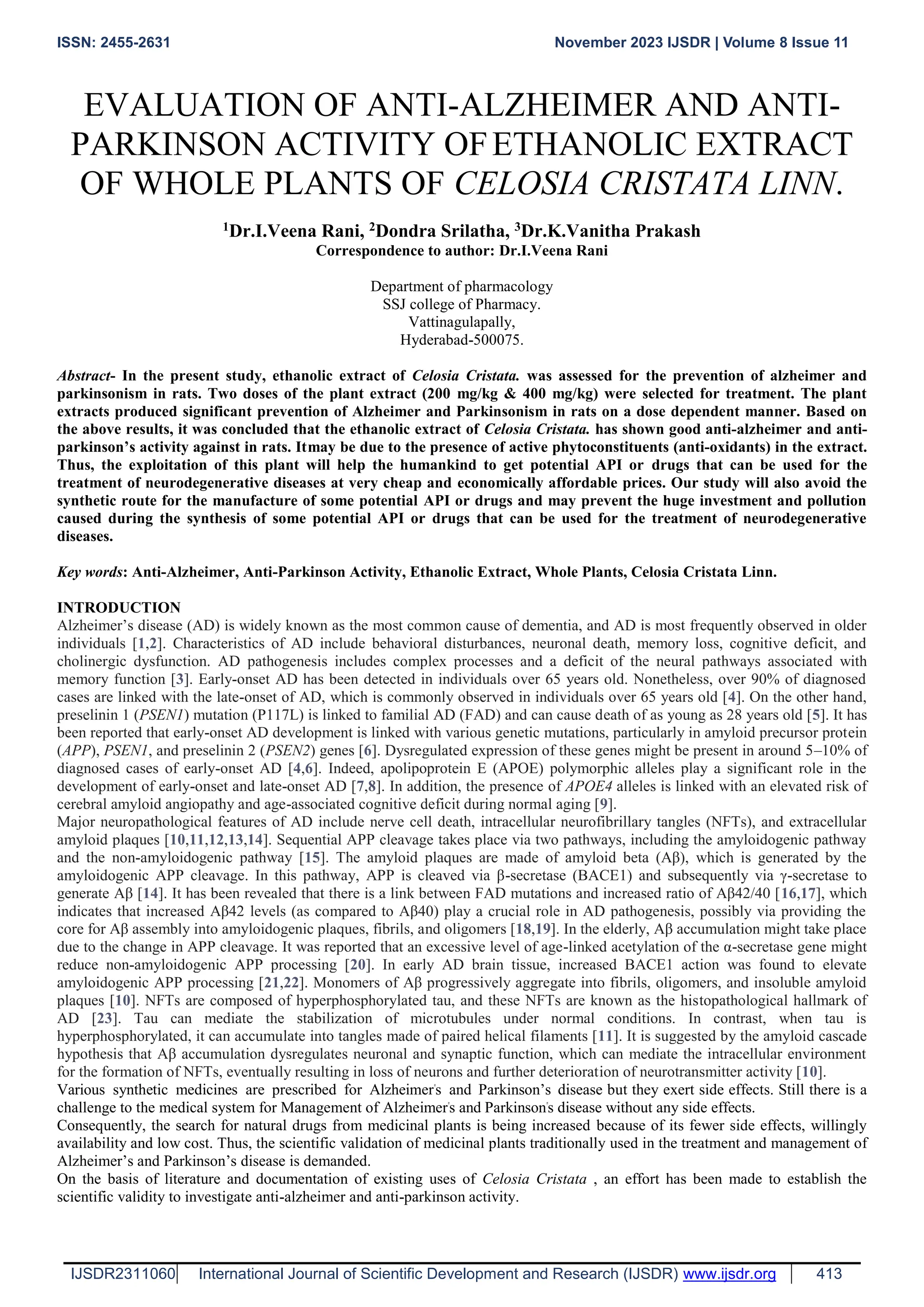 EVALUATION OF ANTI-ALZHEIMER AND ANTIPARKINSON ACTIVITY OFETHANOLIC ...