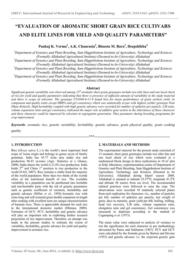 “Evaluation of aromatic short grain rice cultivars and elite lines for ...