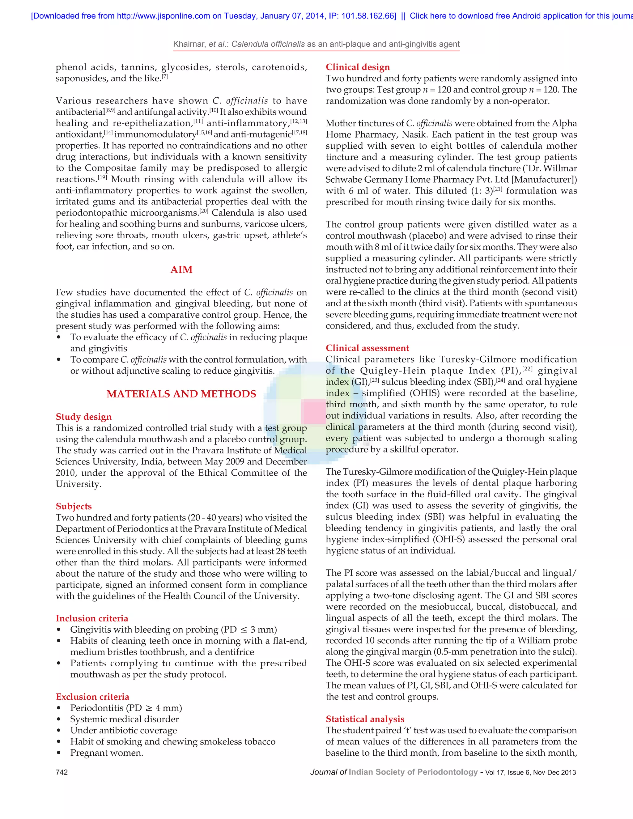 Evaluation of calendula officinalis as an anti plaque and anti ...