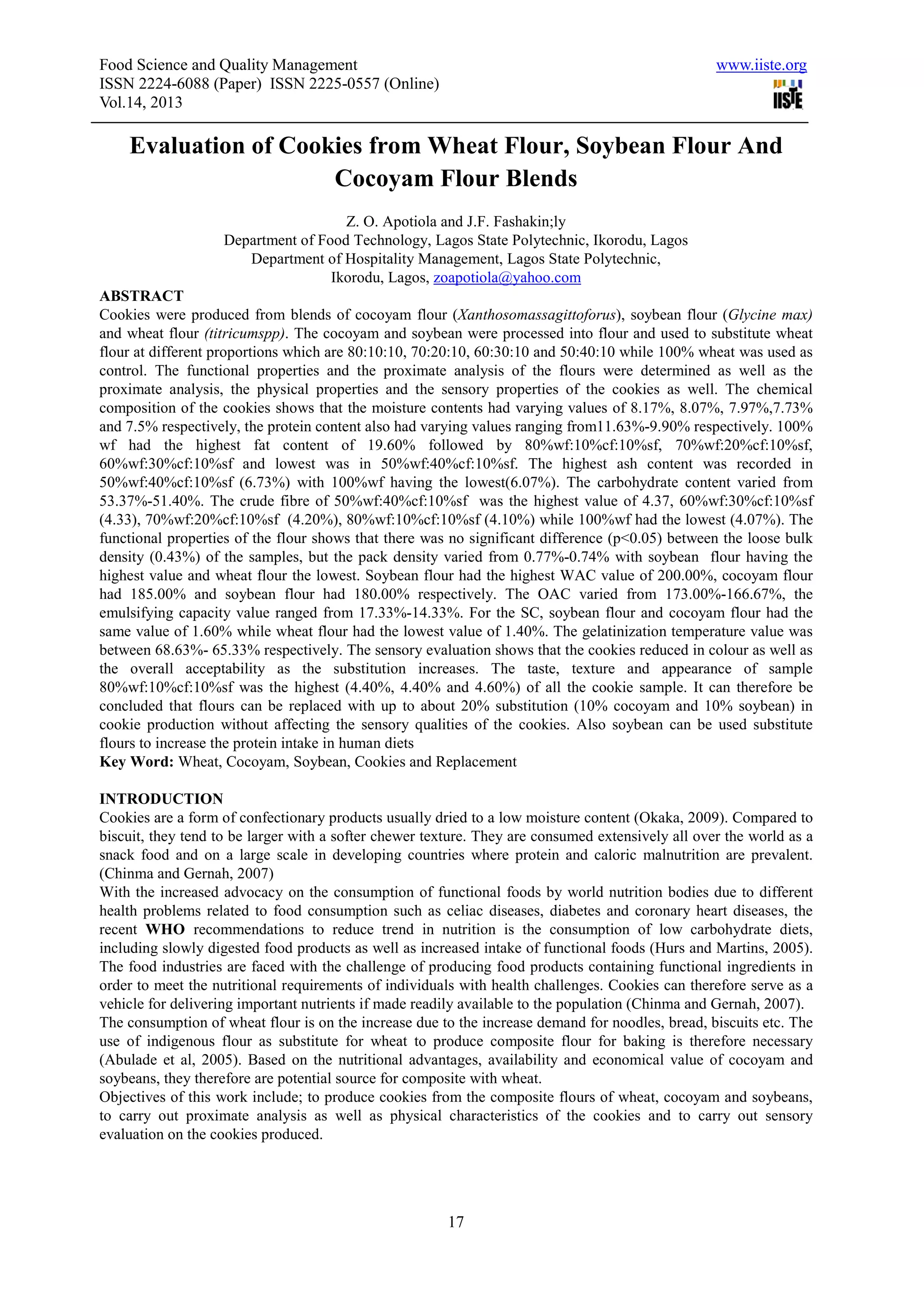 Evaluation of cookies from wheat flour, soybean flour and cocoyam flour blends | PDF