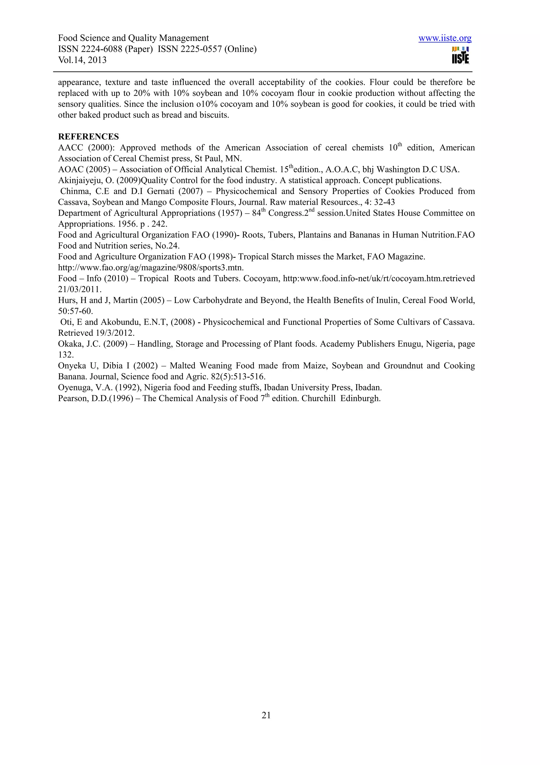 Evaluation of cookies from wheat flour, soybean flour and cocoyam flour blends | PDF | Desserts ...