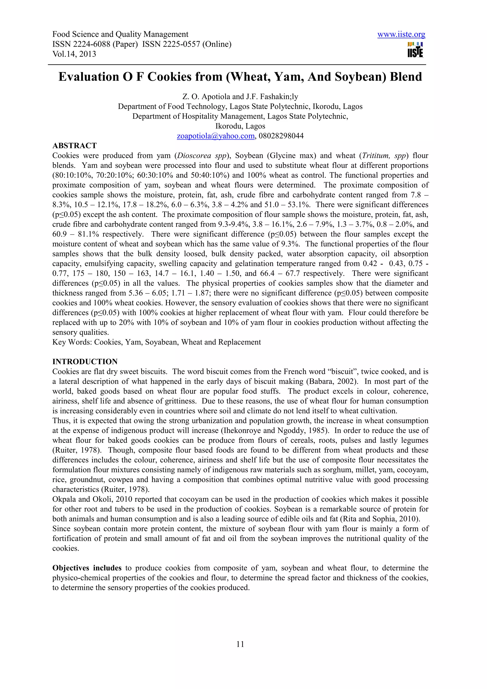 Evaluation o f cookies from (wheat, yam, and soybean) blend | PDF
